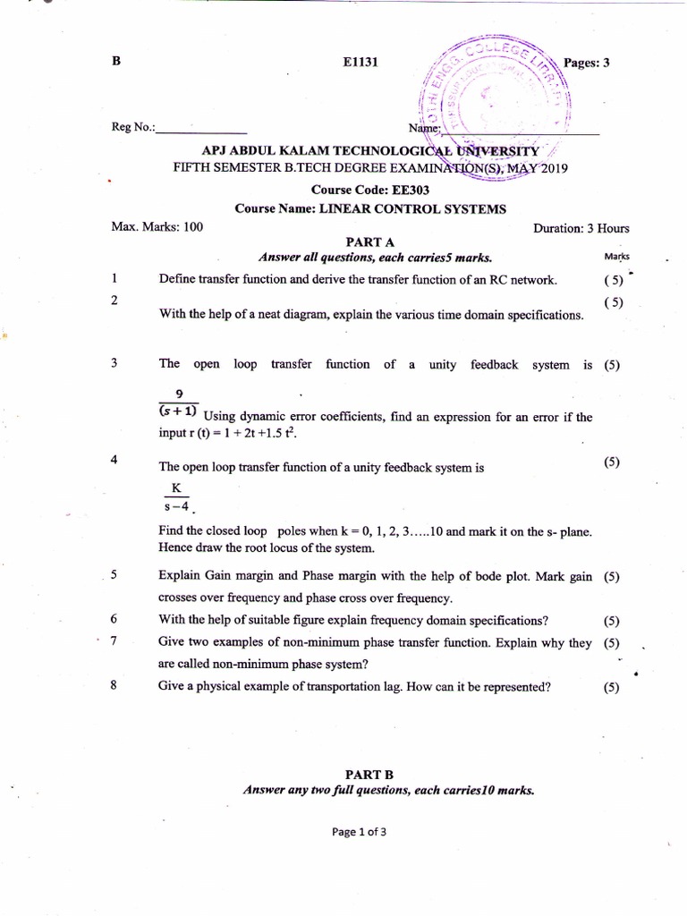 EE303 Linear Control Systems Exam | PDF | Electronics | Electrical Engineering