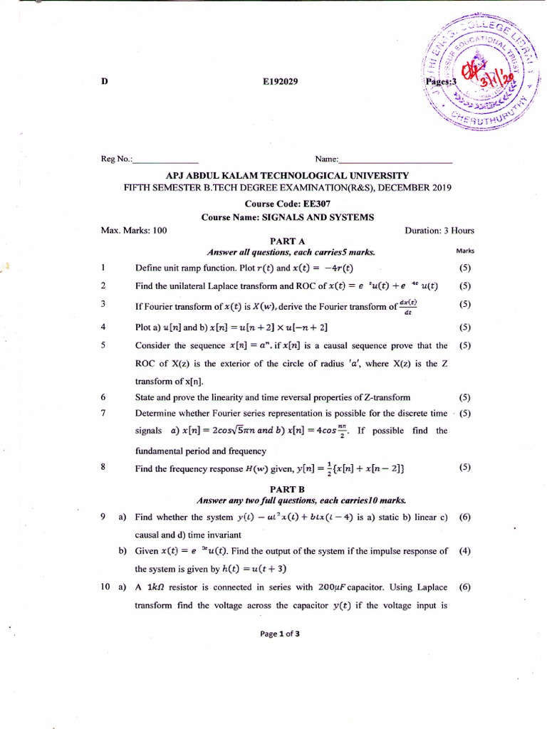 EE307 Signals and Systems, December 2019 | PDF | Functions And Mappings | Harmonic Analysis