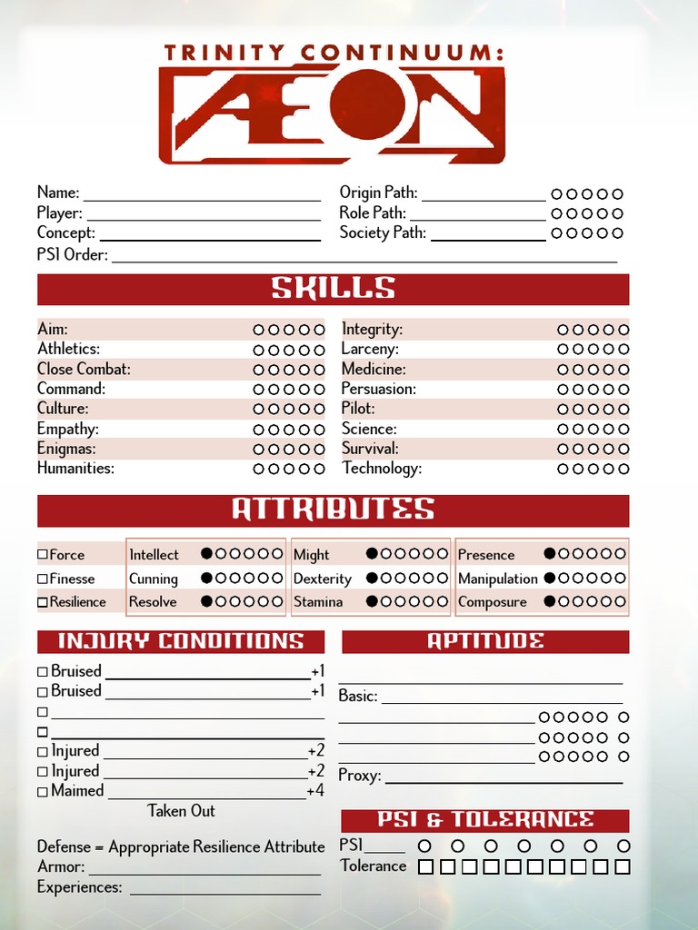 Trinity Aeon Character Sheet Interactive | Injury | Leisure