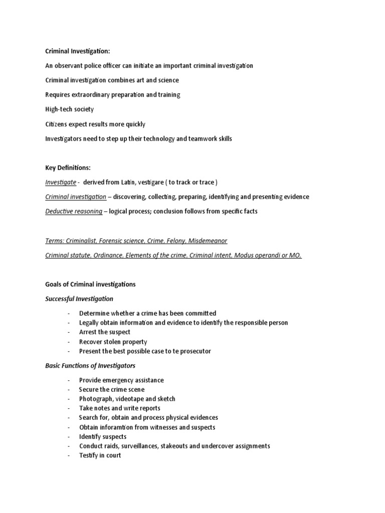 Criminal Investigation Notes | PDF | Crime Scene | Police