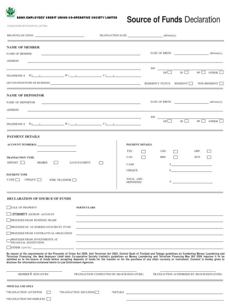 BECU Source of Funds Declaration | PDF | Financial Transaction | Banks