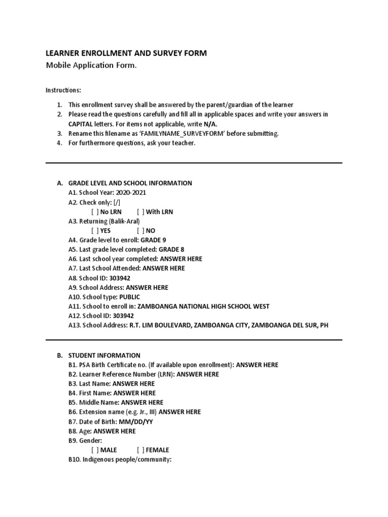 Mobile Application Form.: Learner Enrollment and Survey Form | PDF ...