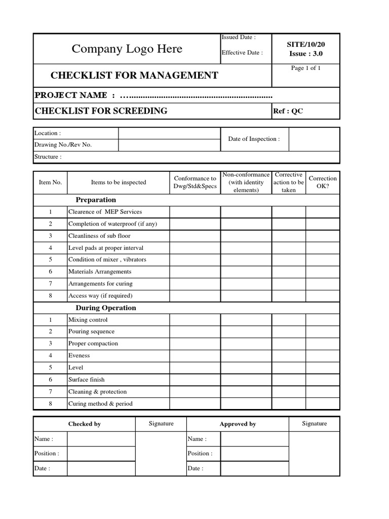 Checklist for Quality Control of Screed Installation | PDF | Building ...