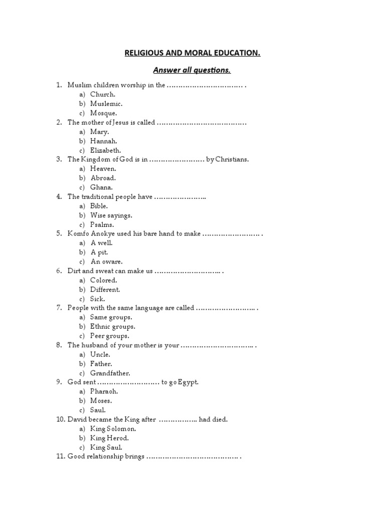 Religious and Moral Education.: Answer All Questions | PDF | Mary ...