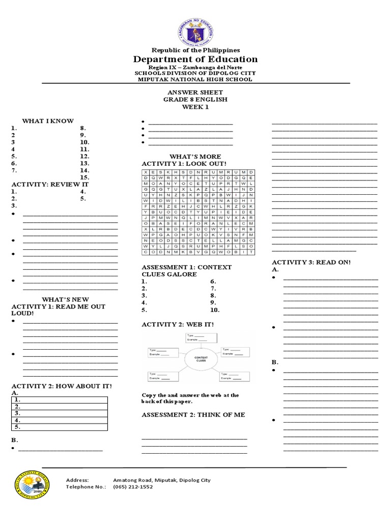 Answer Sheet Week 1 English 8 | Download Free PDF | Educational ...