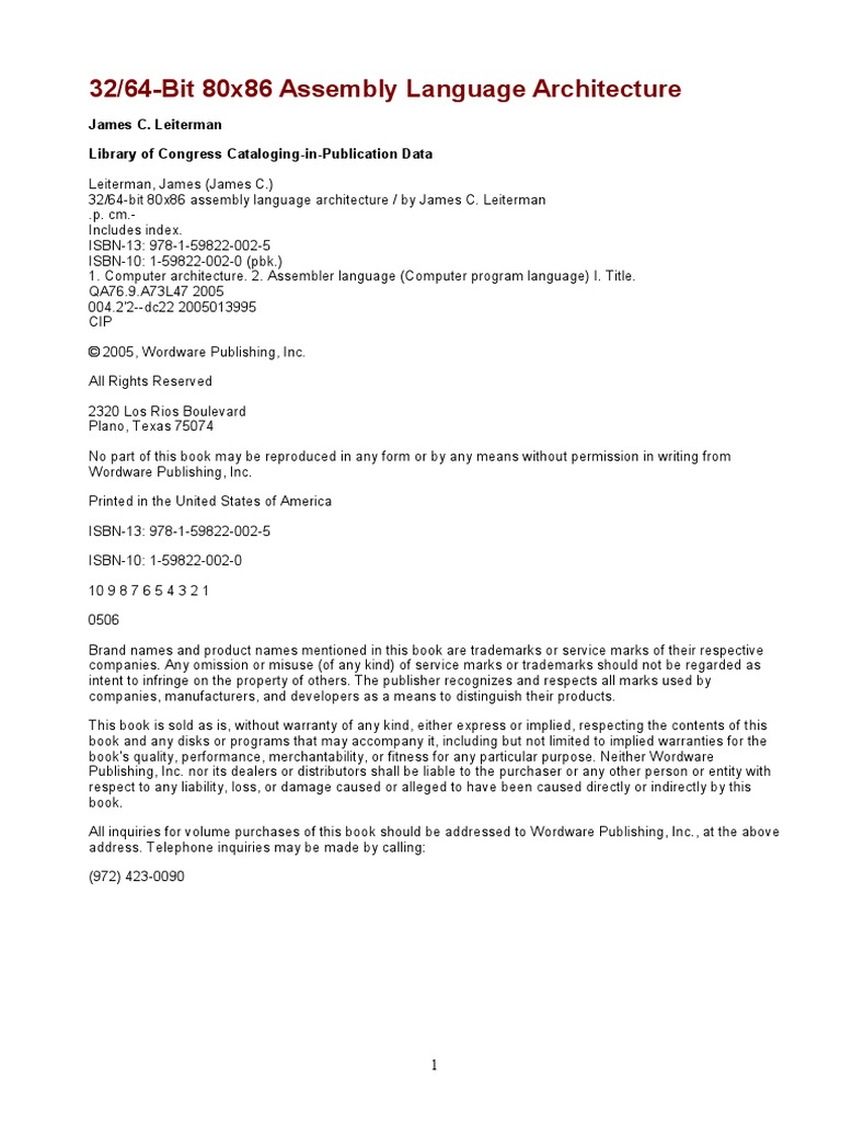 Leiterman J C 3264bit 80x86 Assembly Language Architecture Pdf Computer Engineering Arithmetic