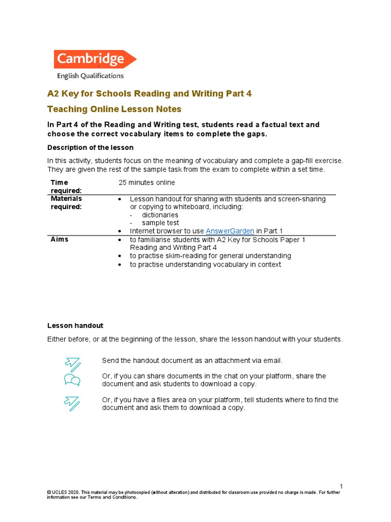 A2 Key For Schools Reading and Writing Part 4 - Teaching Online Lesson ...