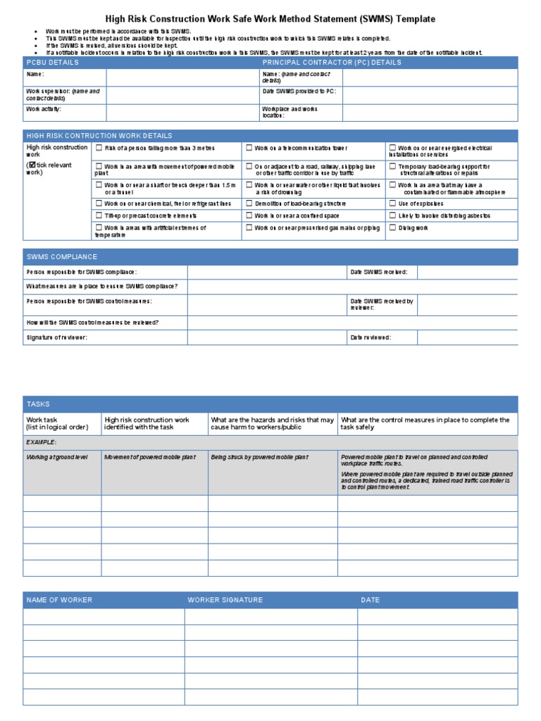 High Risk Construction Work Safe Work Method Statement (SWMS) Template ...