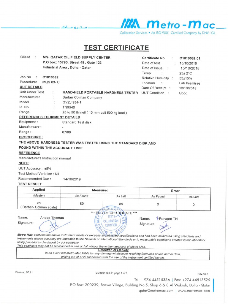 Calibration Certificate of Barcol Sample | PDF