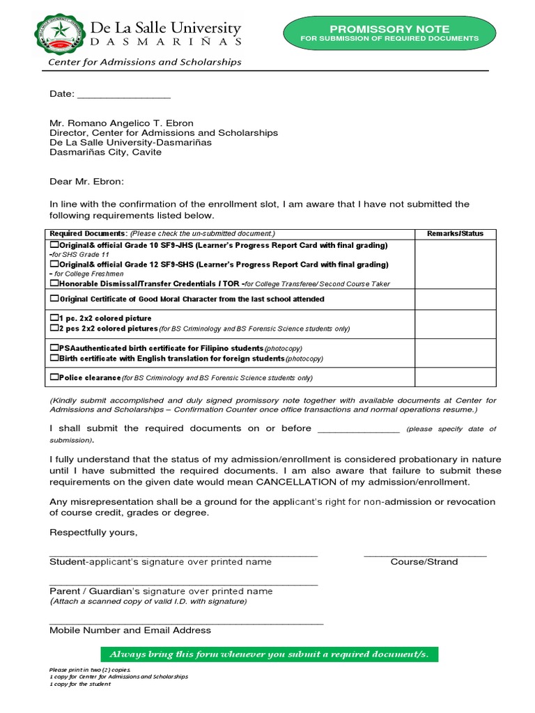 Center For Admissions and Scholarships: Promissory Note | PDF ...