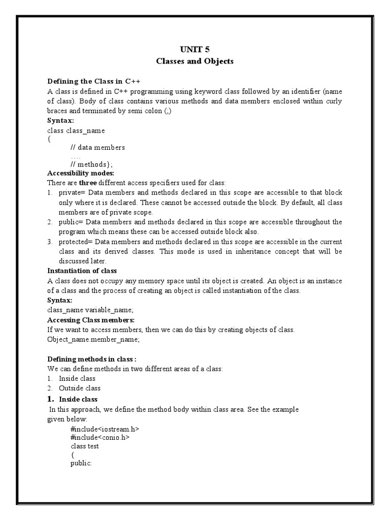 Unit 5 Classes And Objects Defining The Class In C Pdf Class Computer Programming 2513