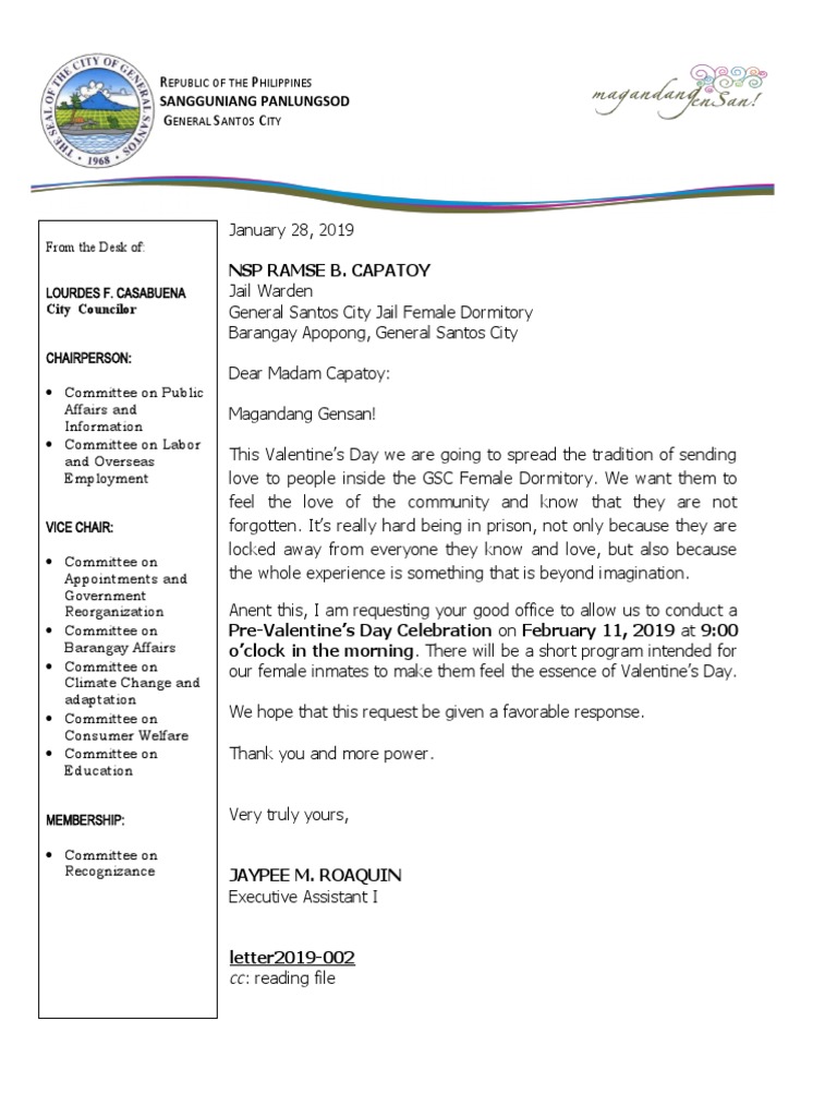 Letter To BJMP Female Dormitory | PDF