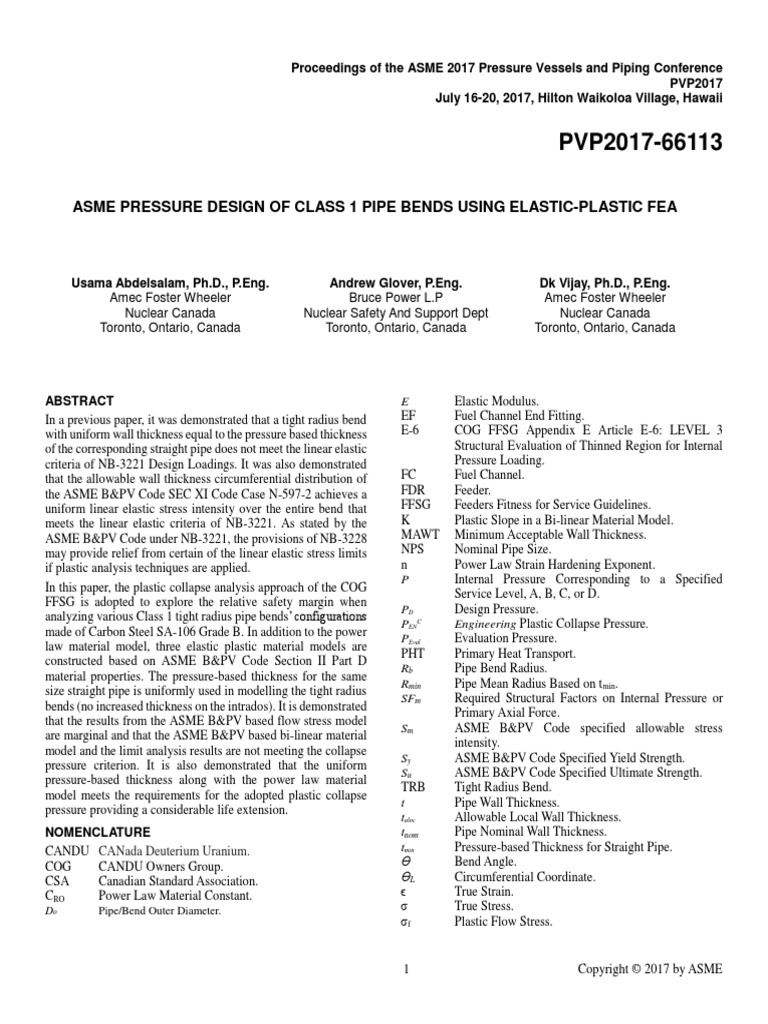 Asme Pressure Design of Class 1 Pipe Bends Using Elastic-Plastic Fea ...