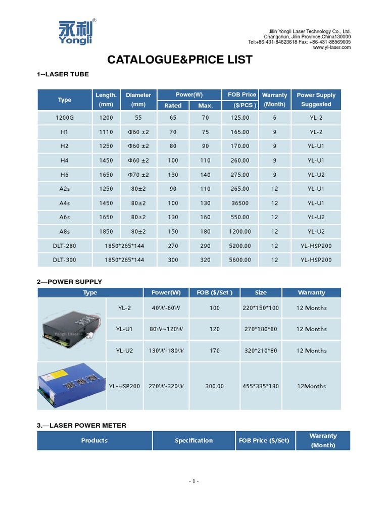 Catalogue&Price List: 1 - Laser Tube | Download Free PDF | Manufactured Goods | Electronics