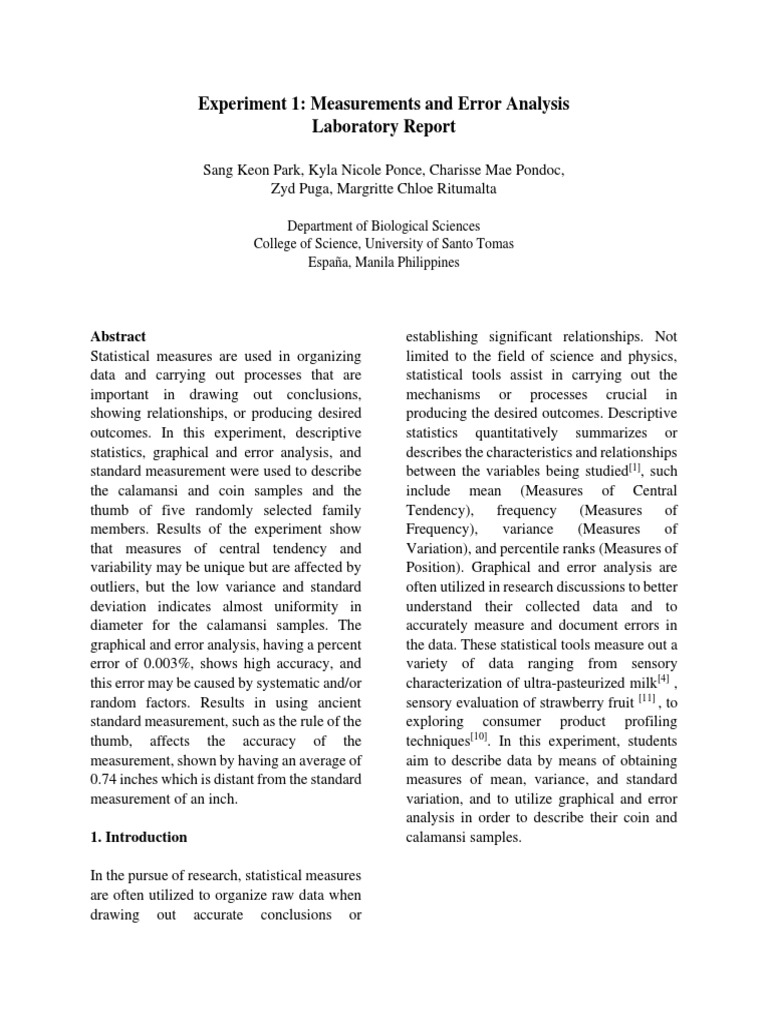 Experiment 1: Measurements and Error Analysis Laboratory Report | PDF ...