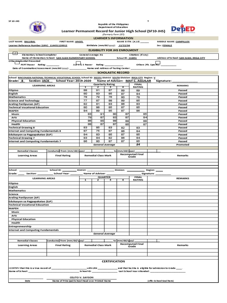 Learner Permanent Record For Junior High School (SF10-JHS) | PDF | Behavior Modification | Cognition