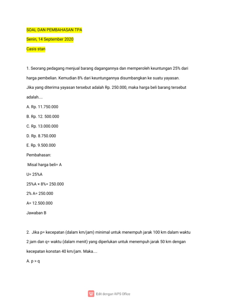 Soal Dan Pembahasan Tpa PDF | PDF