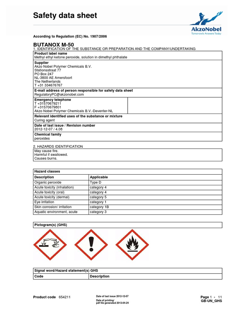 MSDS Hardener - Butanox m50 | PDF | Dangerous Goods | Toxicity
