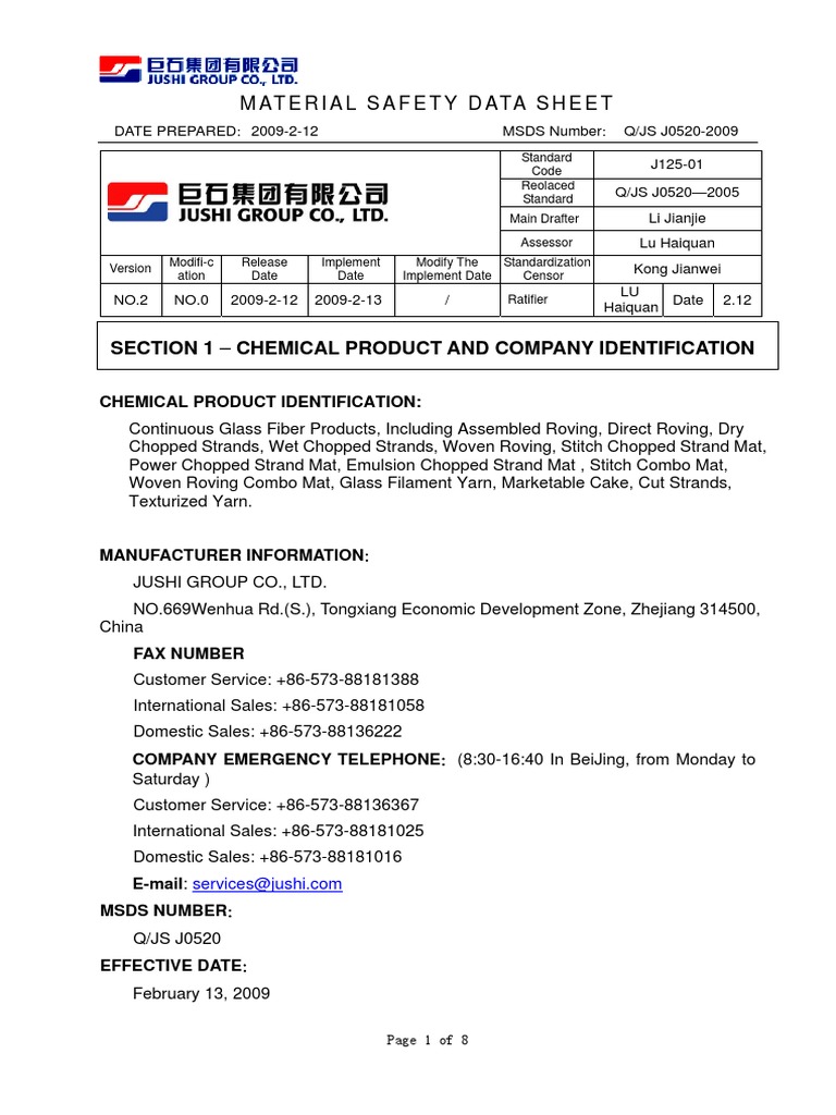 MSDS FIBER (Woven Roving & Chopped Strand Mat) PDF | PDF | Fiberglass ...