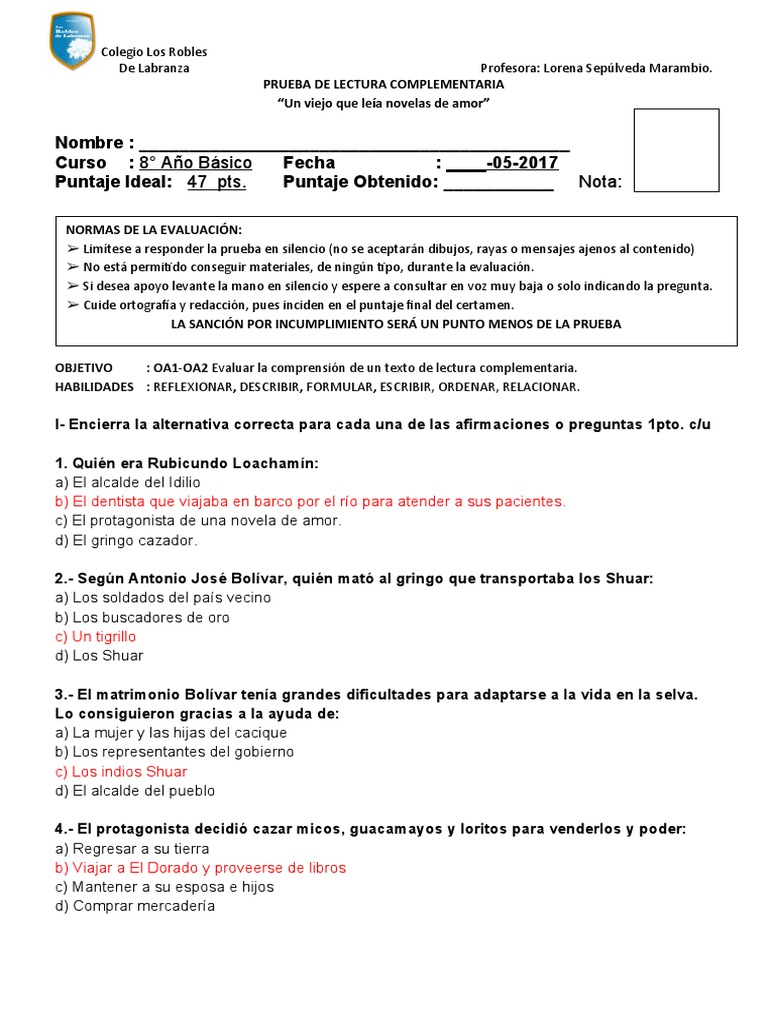 PRUEBA Un Viejo Que Leia Novelas de Amor Respuestas | PDF | Libros para ...