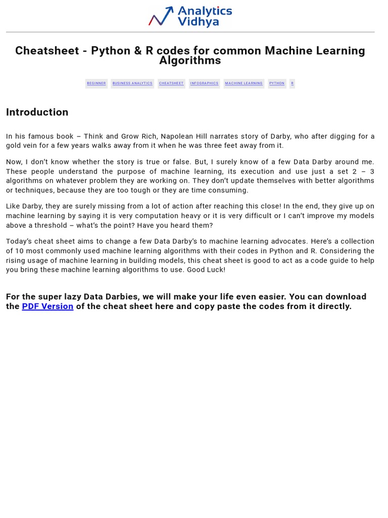 Cheatsheet Python And R Codes For Common Machine Learning Algorithms Pdf