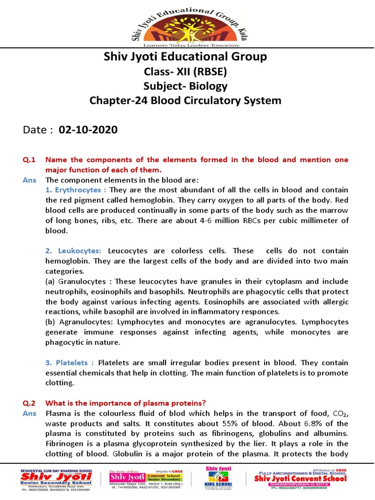 Class-12 (RBSE) Biology-Ch-24 Blood Circulatory System PDF | PDF ...