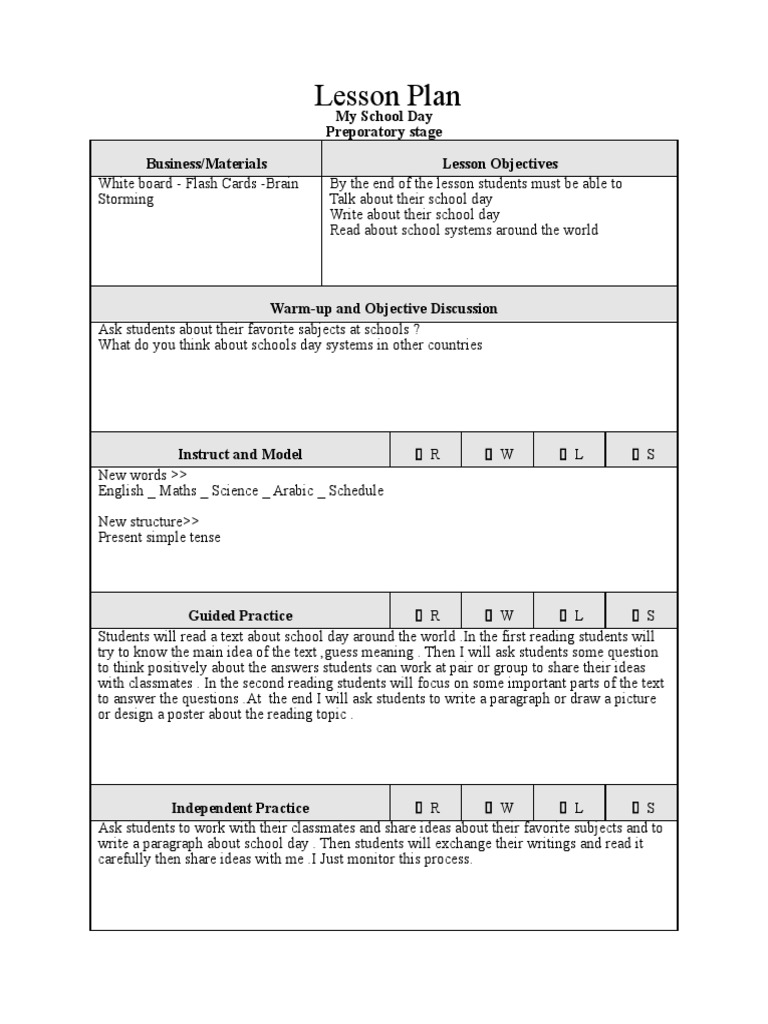 Lesson Plan: My School Day Preporatory Stage Business/Materials Lesson ...