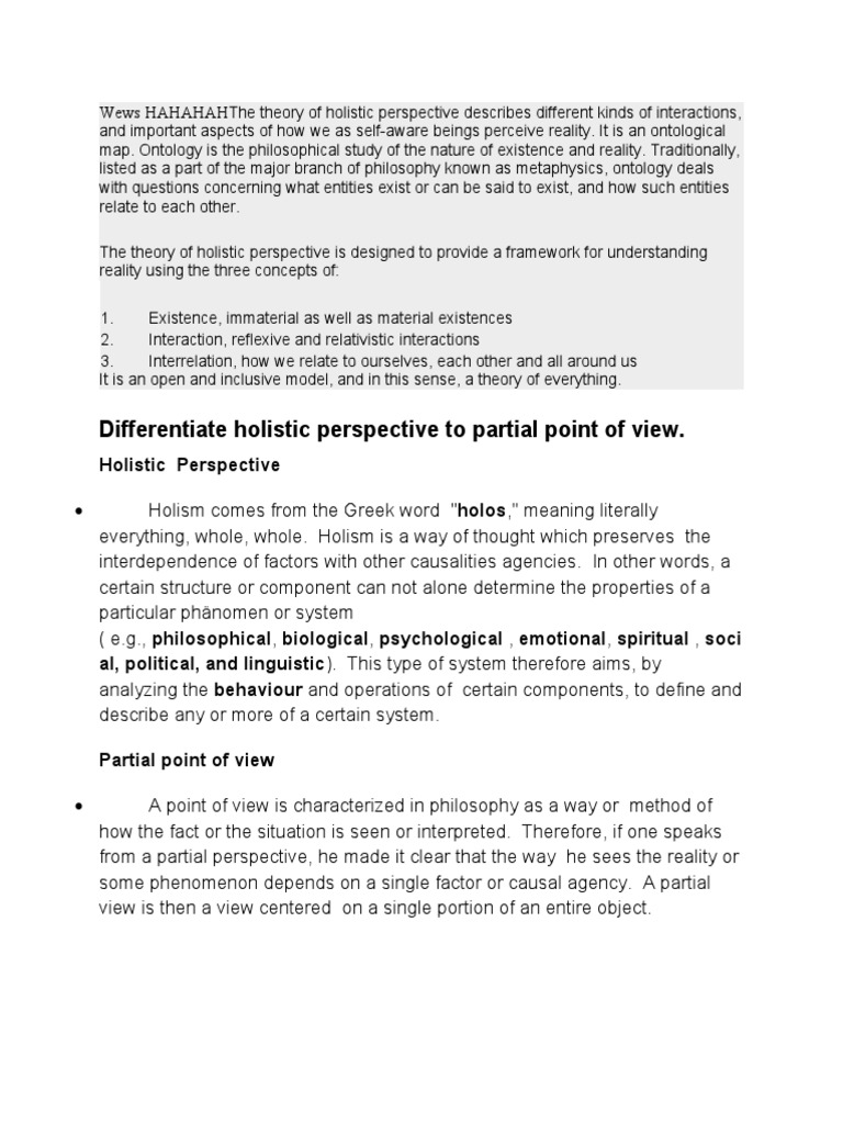 Differentiate Holistic Perspective To Partial Point of View | PDF