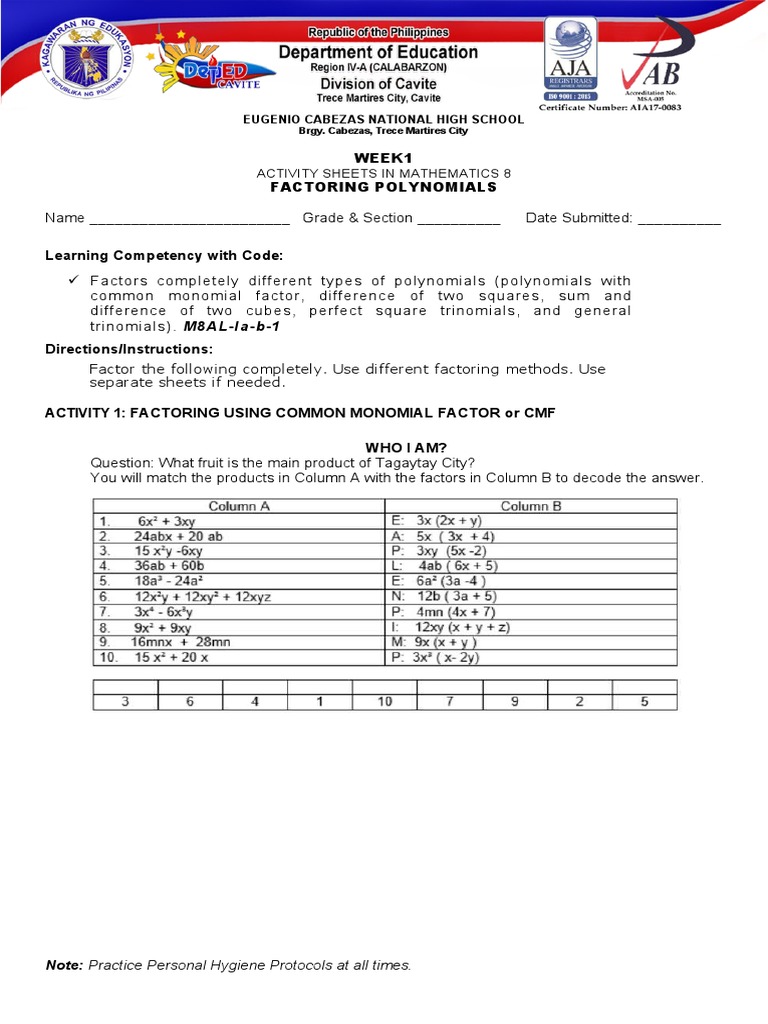 Math 8: Factoring Polynomials Activities | PDF | Factorization ...