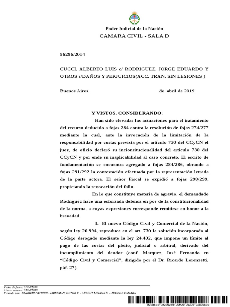 CUCCI, ALBERTO LUIS C/ RODRIGUEZ, JORGE EDUARDO Y OTROS s/DAÑOS Y ...