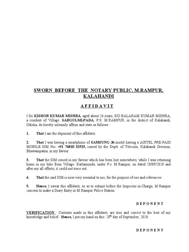 Sworn Before The Notary Public, M.Rampur, Kalahandi: Affidavit ...