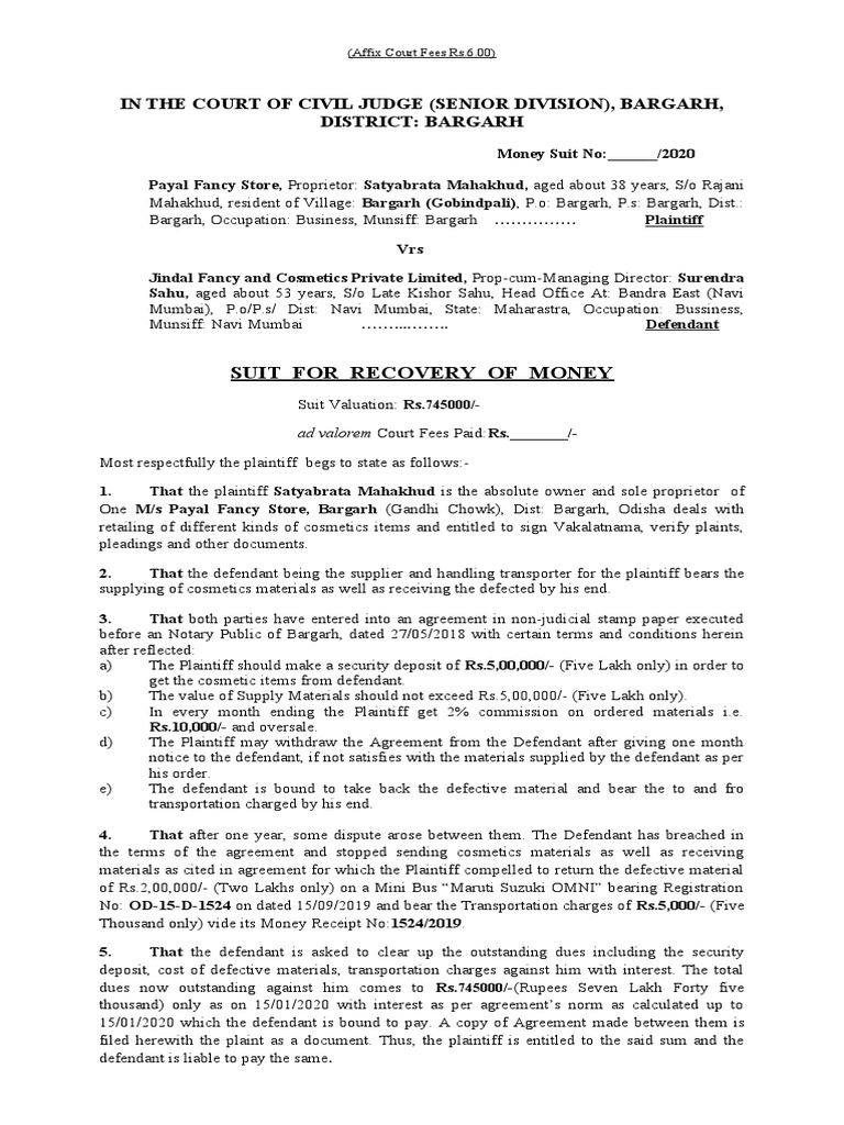 Suit for Recovery of Money Owed Due to Breach of Supply Agreement ...