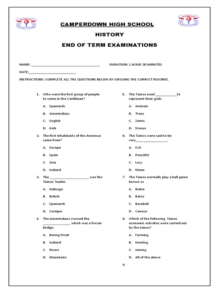 Tainos History Worksheet for Grade 4 | PDF