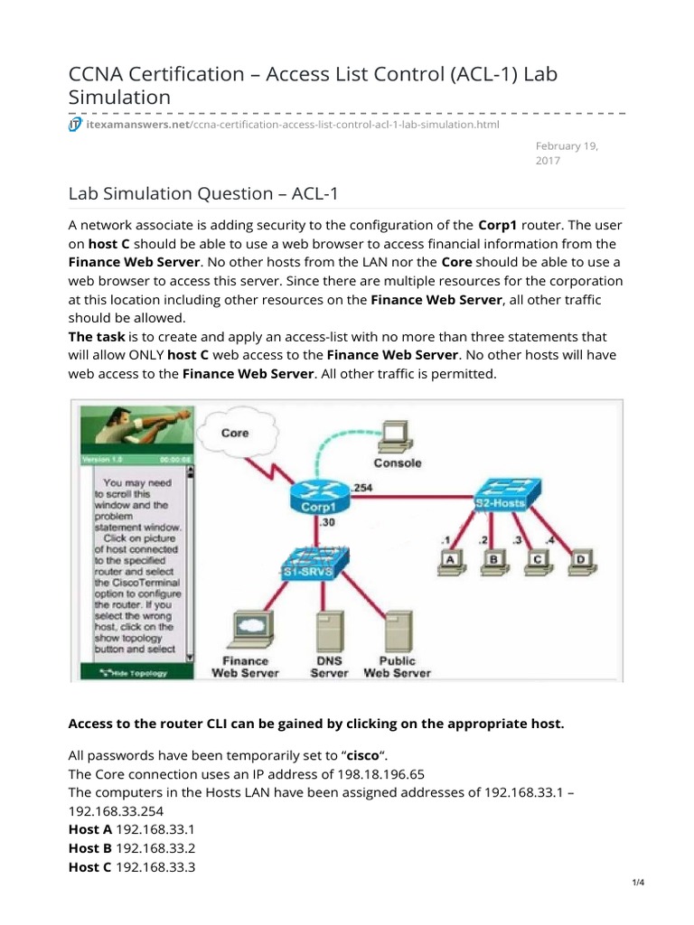 CCNA Certification Access List Control ACL-1 Lab Simulation | PDF ...