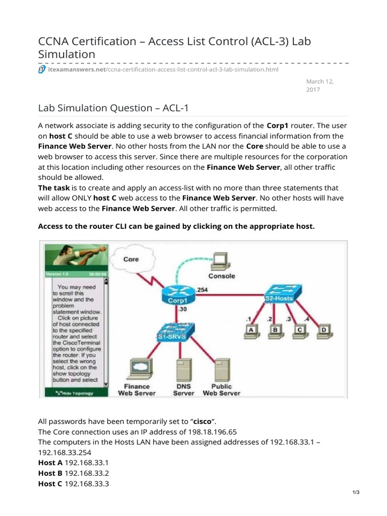 CCNA Certification Access List Control ACL-3 Lab Simulation | PDF | Ip Address | World Wide Web