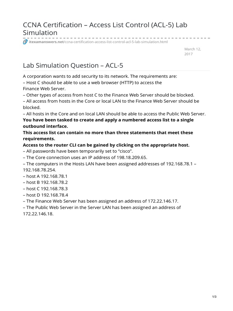 CCNA Certification Access List Control ACL-5 Lab Simulation | PDF | Cisco Certifications | Local ...
