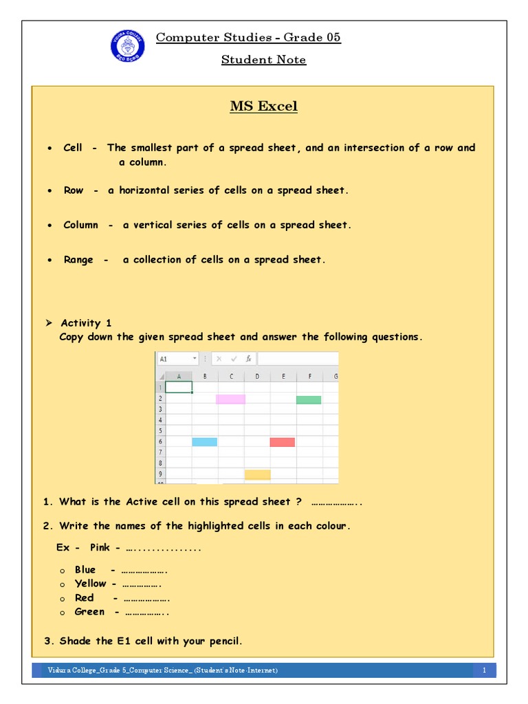 MS Excel Notes for Grade 5 Students | PDF