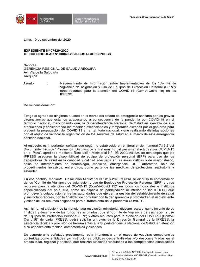 Oficio Circular 49-2020 Arequipa | PDF | Hospital | Cuidado de salud del gobierno
