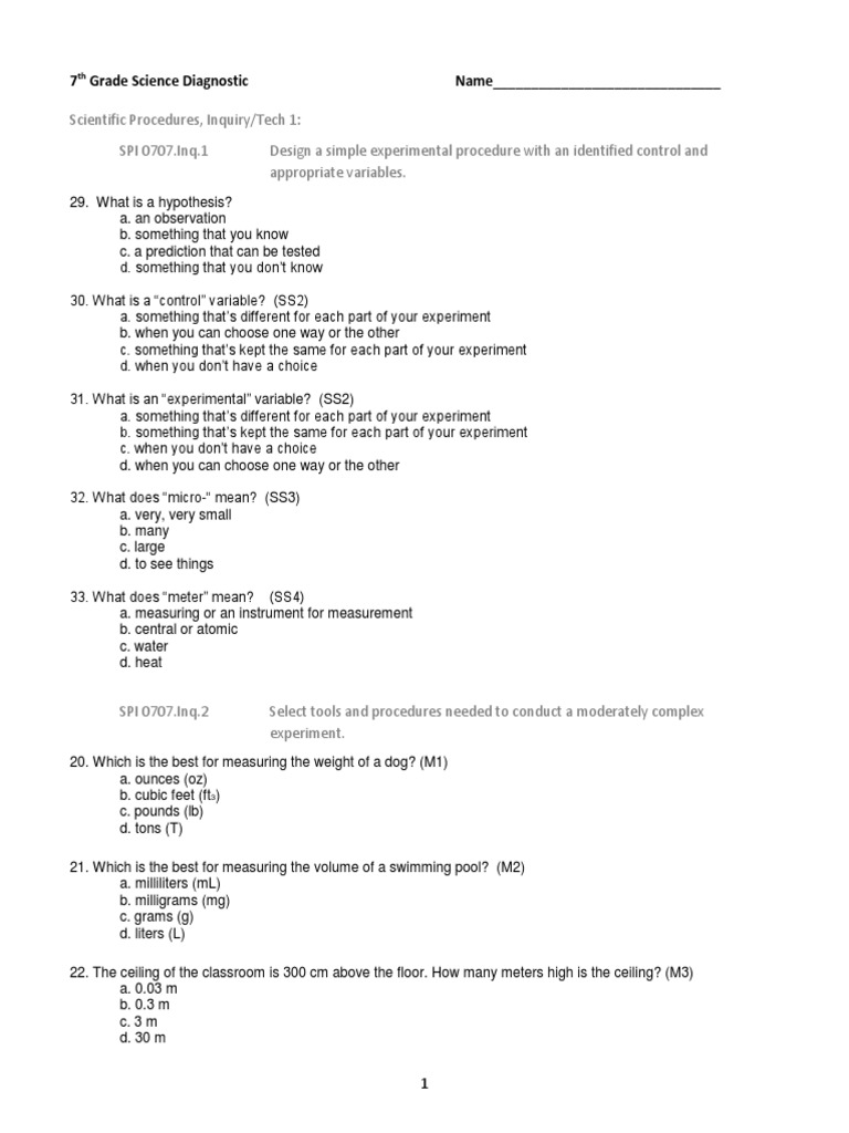 7th Grade Science Diagnostic Test | PDF | Plate Tectonics | Weight