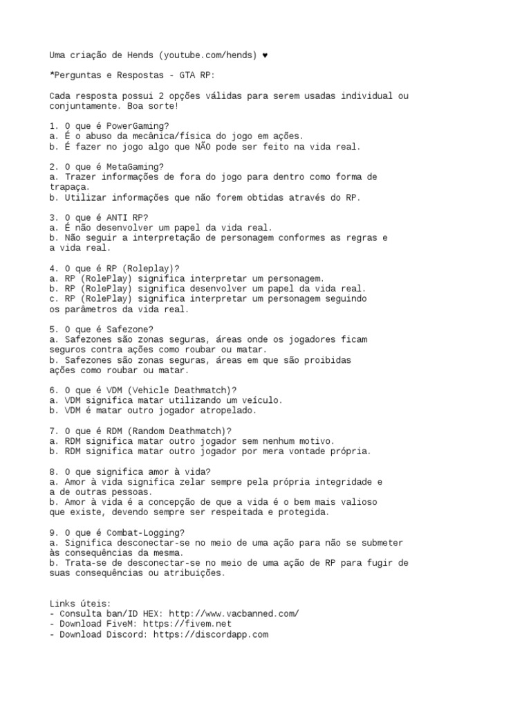 Perguntas e Respostas - GTA RP | PDF