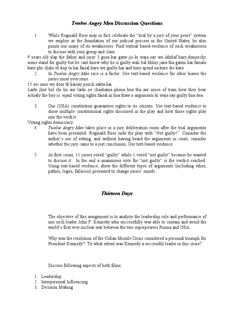 Twelve Angry Men Discussion Questions: Twelve Angry Men Takes Place in ...