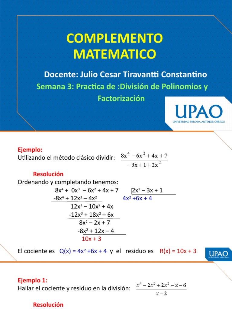 Complemento Matematico: Docente: Julio Cesar Tiravantti Constantino ...