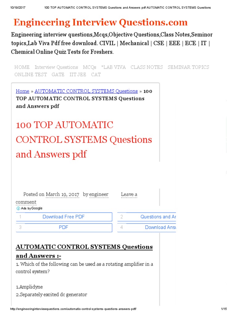 100 TOP AUTOMATIC CONTROL SYSTEMS Questions and Answers PDF AUTOMATIC ...