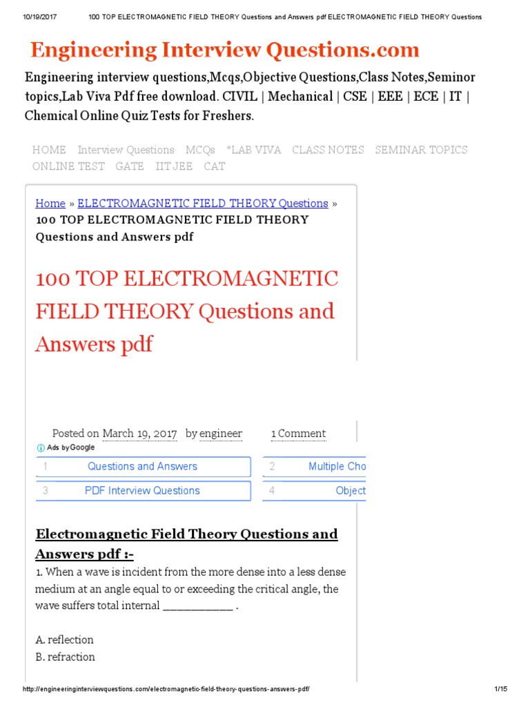100 TOP ELECTROMAGNETIC FIELD THEORY Questions and Answers PDF ...