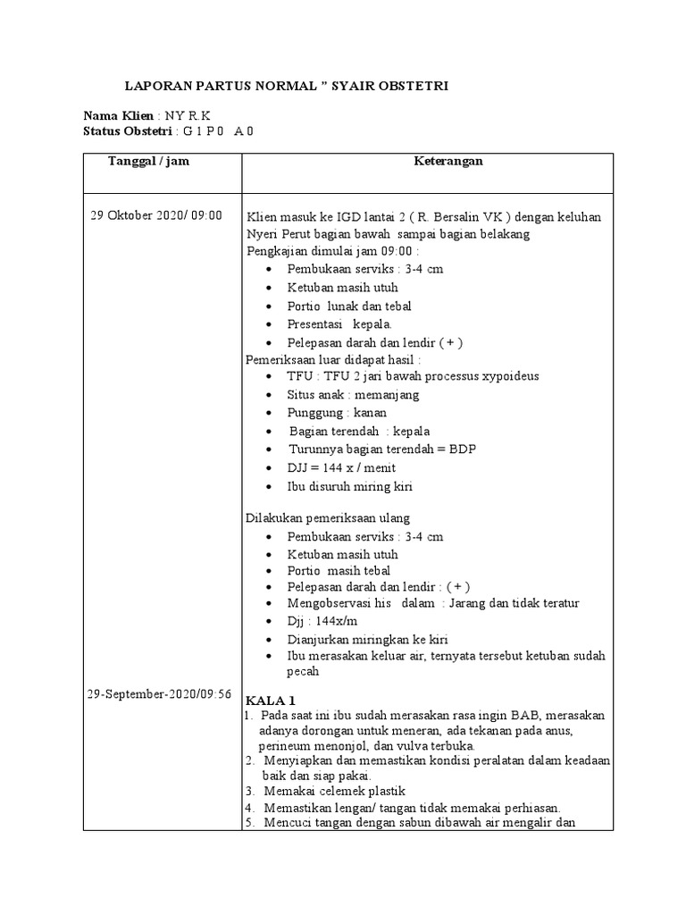 Laporan Partus Normal Ny. R.K | PDF | Pengembangan Diri | Kesehatan ...