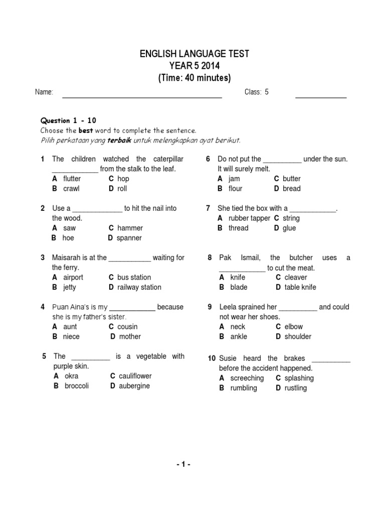 English Language Test YEAR 5 2014 (Time: 40 Minutes) : Name: Class: 5 ...