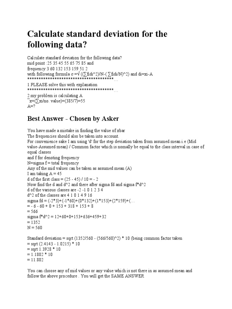 Calculate Standard Deviation For The Following Data | PDF | Standard ...
