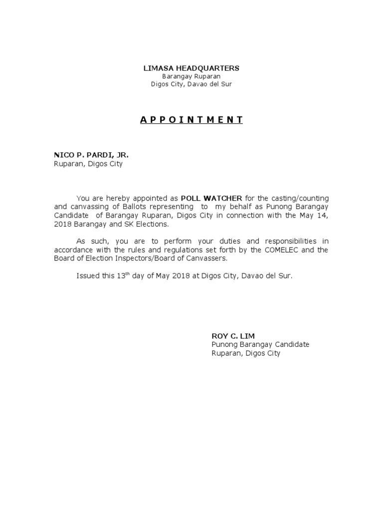 Appointment of Poll Watcher for Elections | PDF
