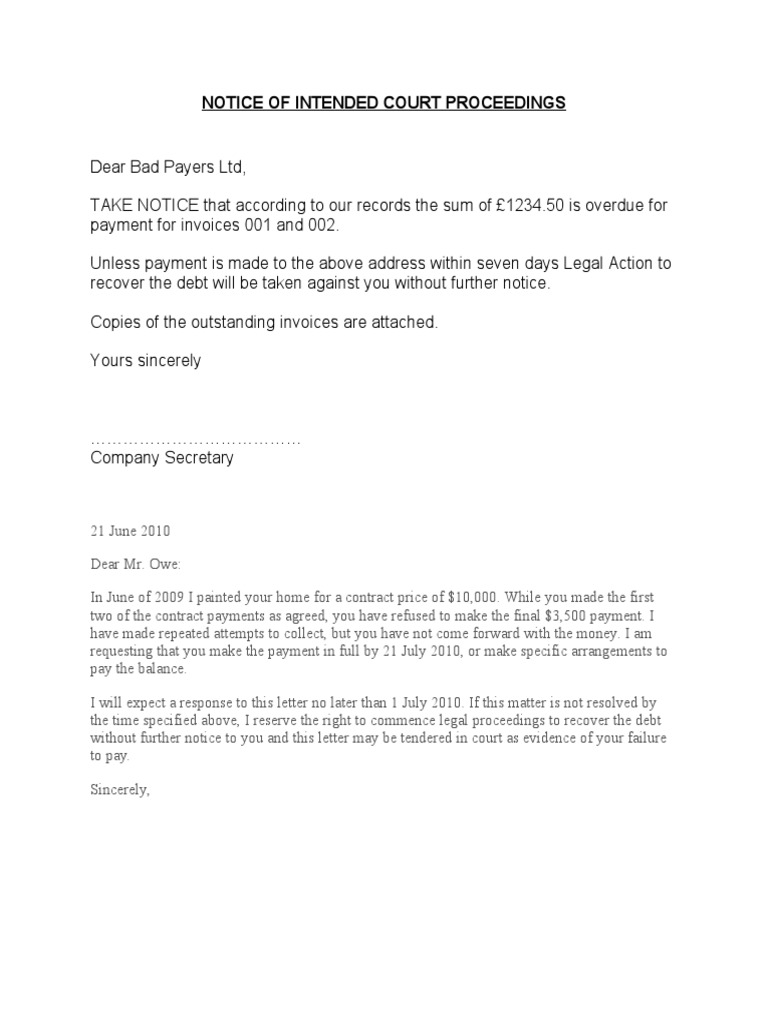 NOTICE OF INTENDED COURT PROCEEDINGS Templates | PDF