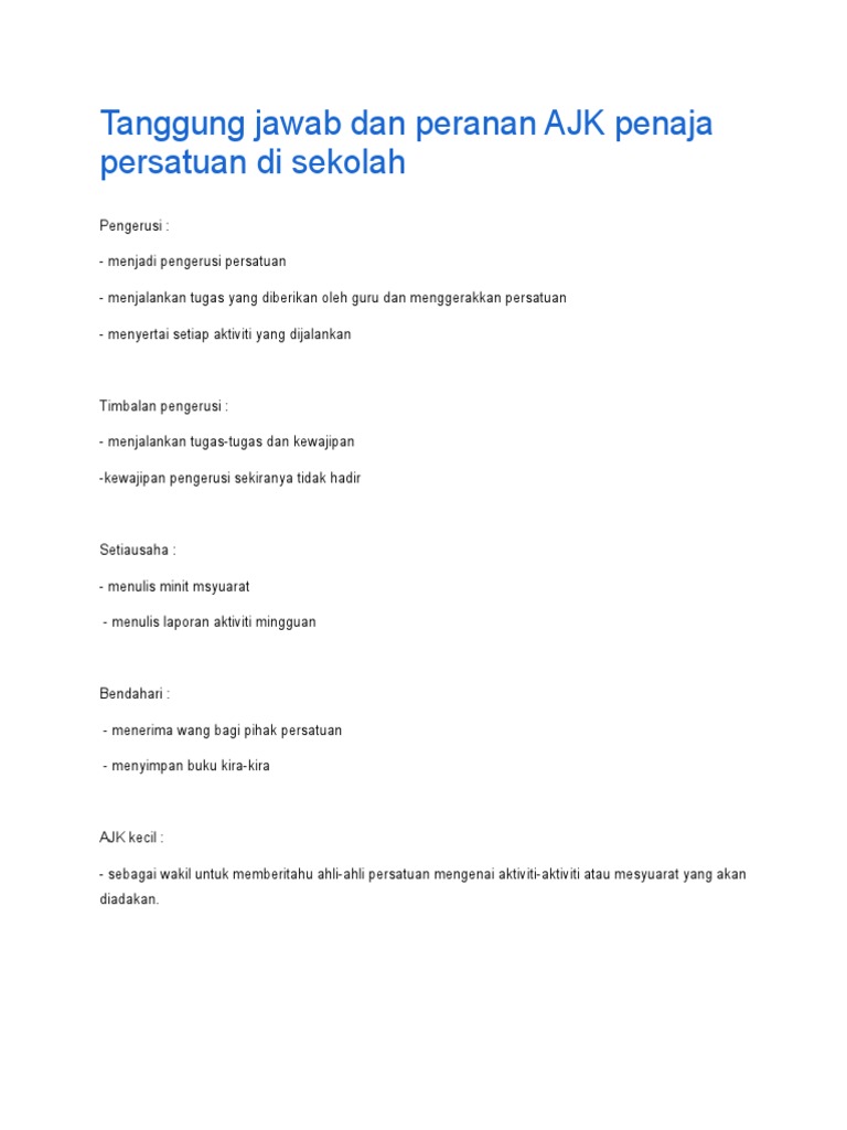 Tugasan 1 Tanggungjawab Dan Peranan Ajk Penaja Persatuan Di Sekolah ...